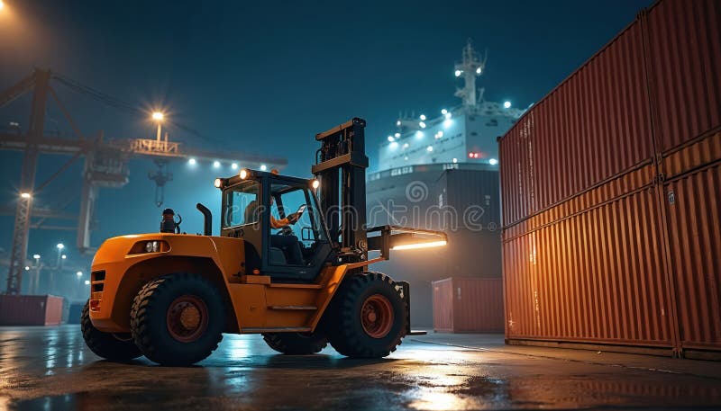 Forklift Operator Uses Tablet in Container Yard Loading Cargo ...