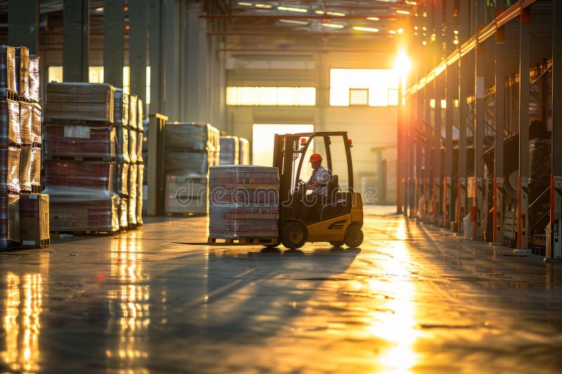 Forklift Operator at Work during a Sunny Day in a Busy Warehouse Stock ...