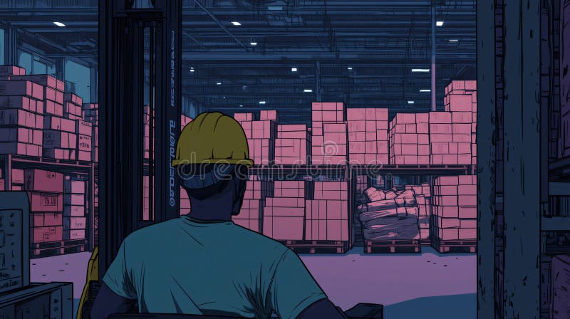 Forklift Operator Working at Night in a Warehouse Full of Boxes Stock ...
