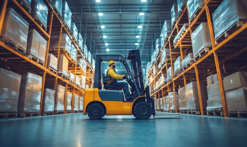 Forklift Operator Working in Warehouse Aisle Surrounded by Stacked ...