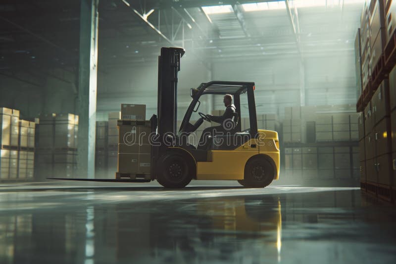 A Forklift Operator Works Diligently in a Large Warehouse, Moving a ...
