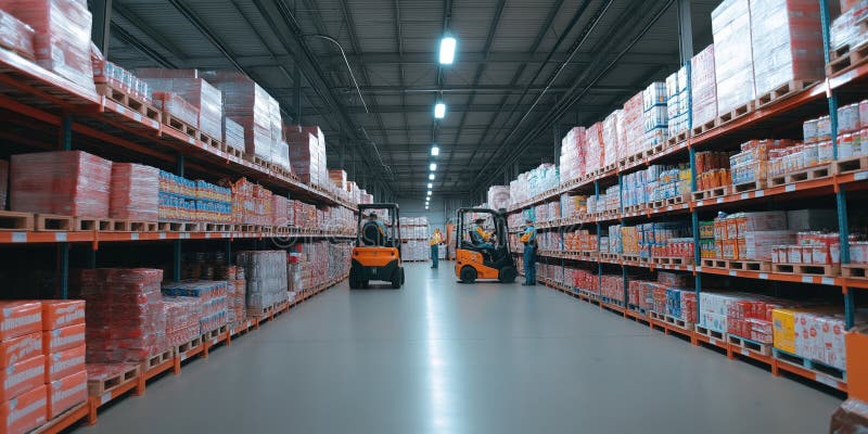 Forklift Operators Work Inside a Busy Wholesale Warehouse with Stacked ...