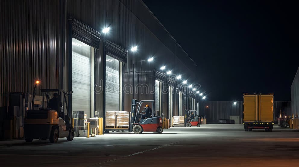 Forklift Operators Working at Night Outside Warehouse Loading Dock ...