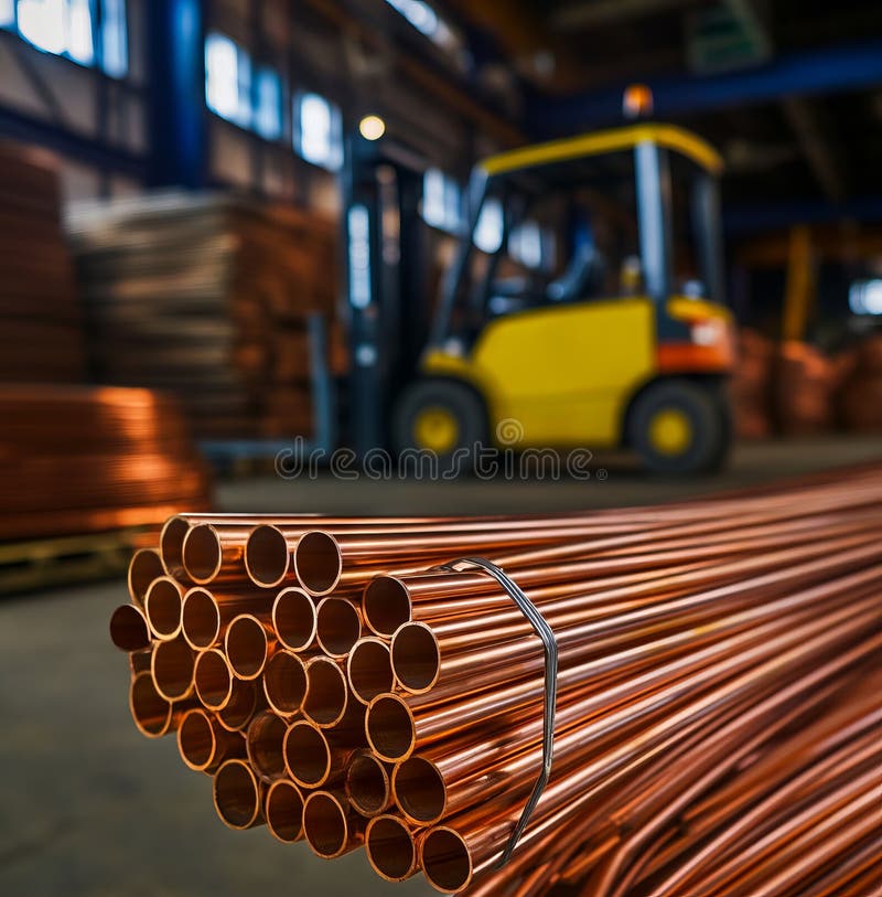 A Forklift is Parked Next To a Pile of Copper Pipes Stock Image - Image ...