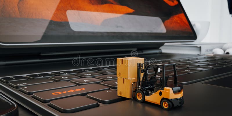 The Forklift is on a Portable Computer. and Has an Order Message. 3d ...