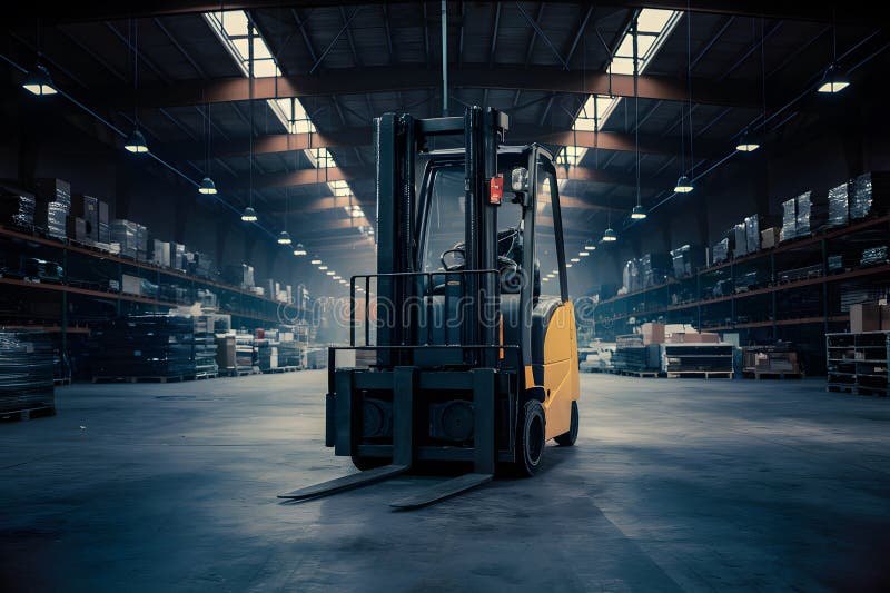 Forklift in Spacious Warehouse, High Ceilings, Dim Lighting, Logistical ...