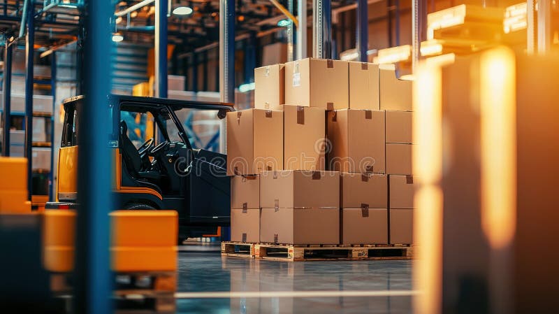 Forklift and Stacked Boxes in a Warehouse, Highlighting Logistics and ...