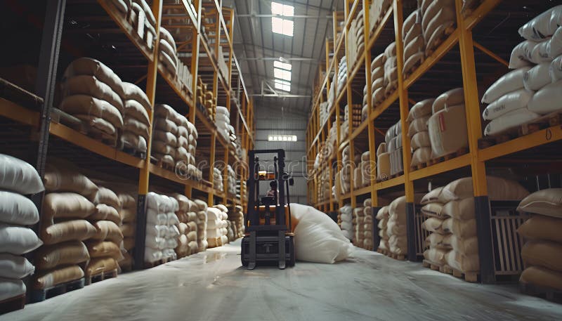 Forklift Stacking Up Sugar Bag Inside Warehouse, Sugar Warehouse ...