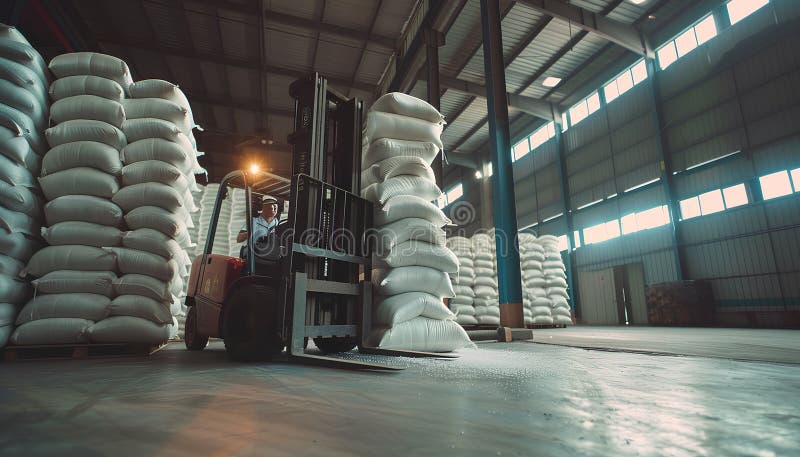 Forklift Stacking Up Sugar Bag Inside Warehouse, Sugar Warehouse ...