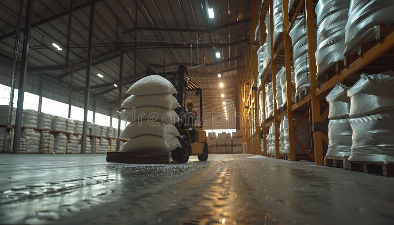 Forklift Stacking Up Sugar Bag Inside Warehouse, Sugar Warehouse ...
