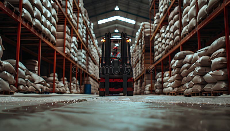 Forklift Stacking Up Sugar Bag Inside Warehouse, Sugar Warehouse ...