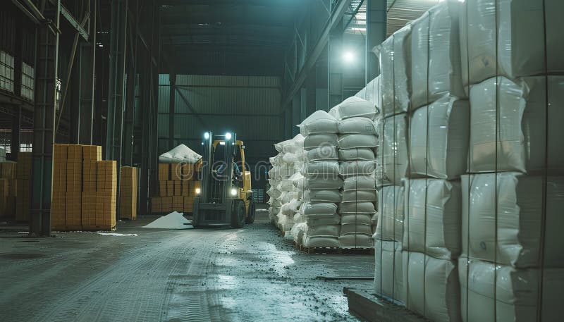 Forklift Stacking Up Sugar Bag Inside Warehouse, Sugar Warehouse ...