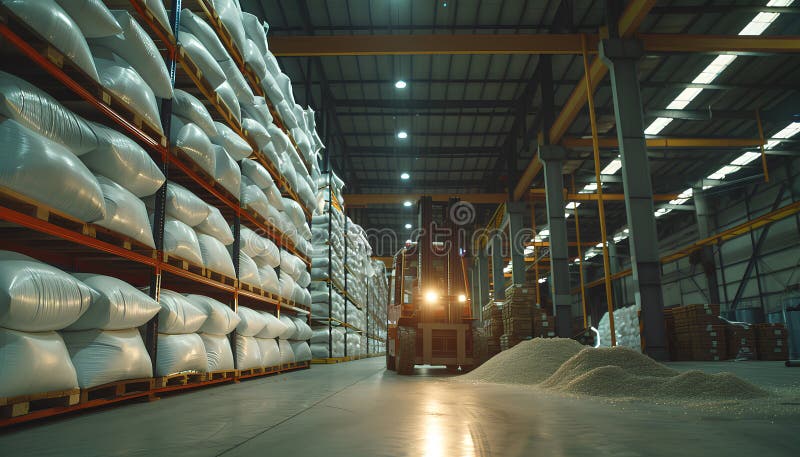Forklift Stacking Up Sugar Bag Inside Warehouse, Sugar Warehouse ...