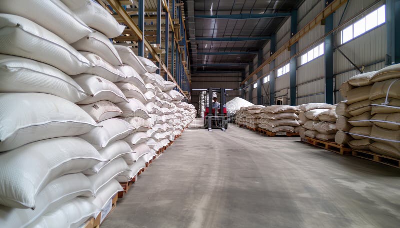 Forklift Stacking Up Sugar Bag Inside Warehouse, Sugar Warehouse ...