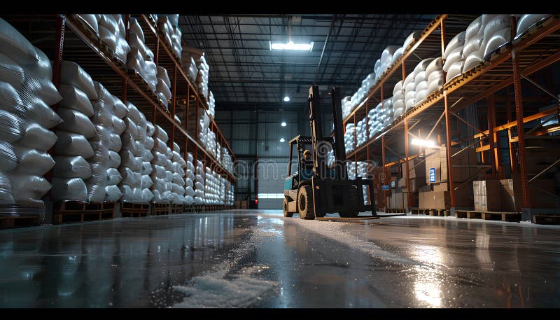 Forklift Stacking Up Sugar Bag Inside Warehouse, Sugar Warehouse ...