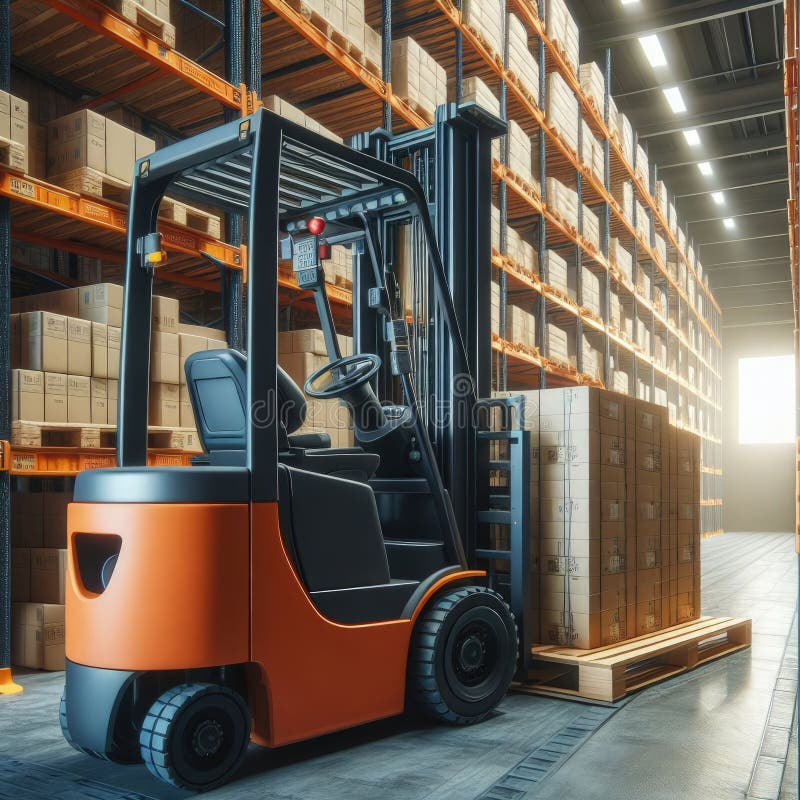 A Forklift Stands in a Warehouse between Tiered Racks of Products ...