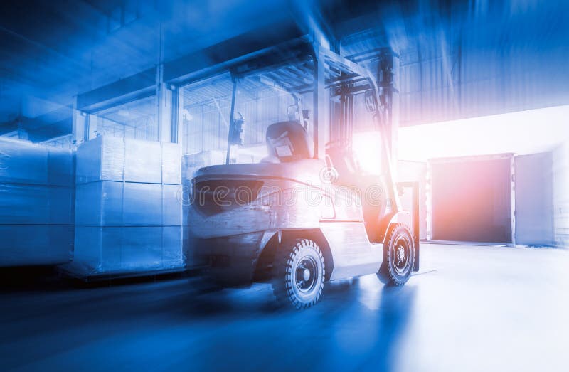 Forklift Tractor and Bulk of Package Boxes in Warehouse. Forklift ...