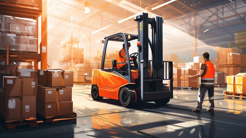 Forklift Tractor Loader at the Warehouse. Truck Parked Loading at Dock ...