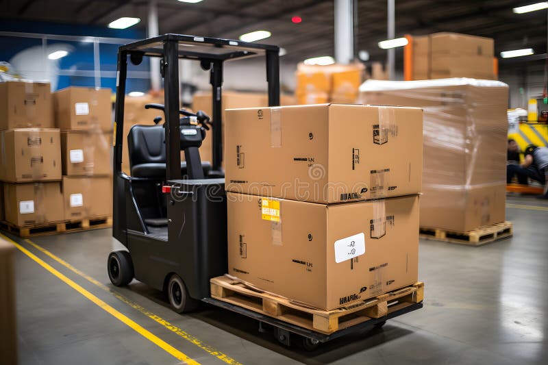 Forklift Transporting Boxes in a Busy Warehouse for Efficient Cargo ...