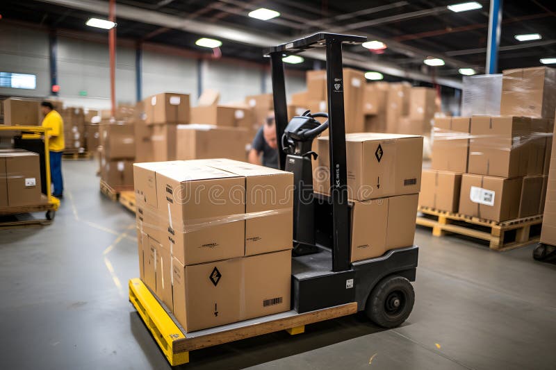 Forklift Transporting Boxes in a Busy Warehouse for Efficient Cargo ...