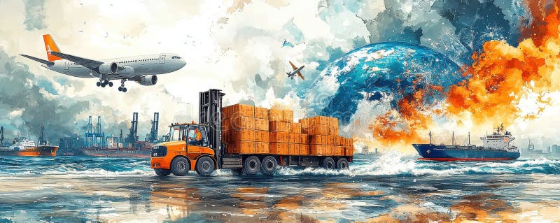 Forklift Transporting Cargo Boxes with a Vibrant Global Backdrop Stock ...