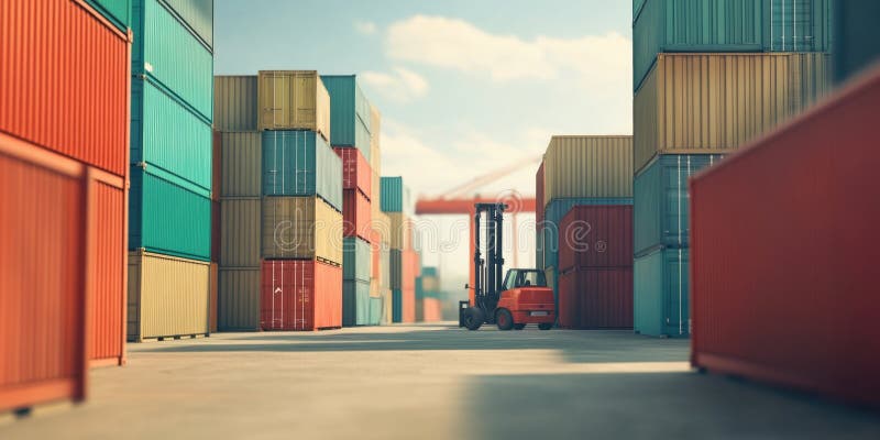 A Forklift Transporting Goods through a Row of Shipping Containers ...
