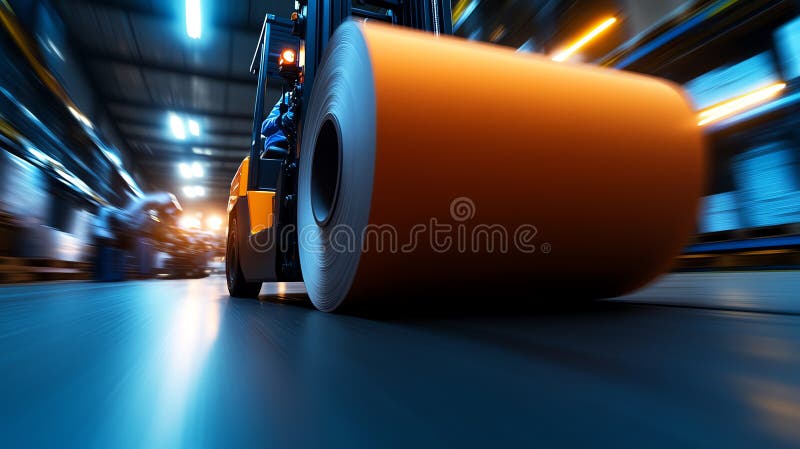 Forklift Transporting Heavy Paper Roll in a Warehouse, Motion Blur ...