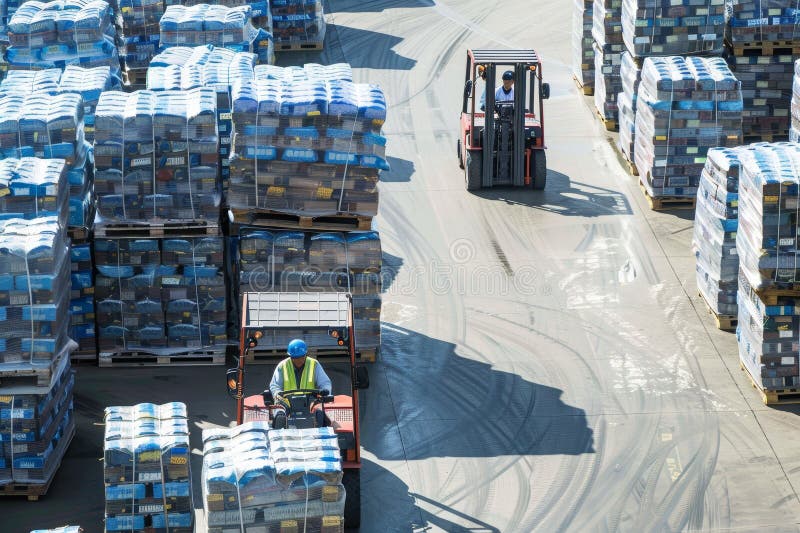 A Forklift is Transporting Pallets Loaded with Water Bottles in a ...