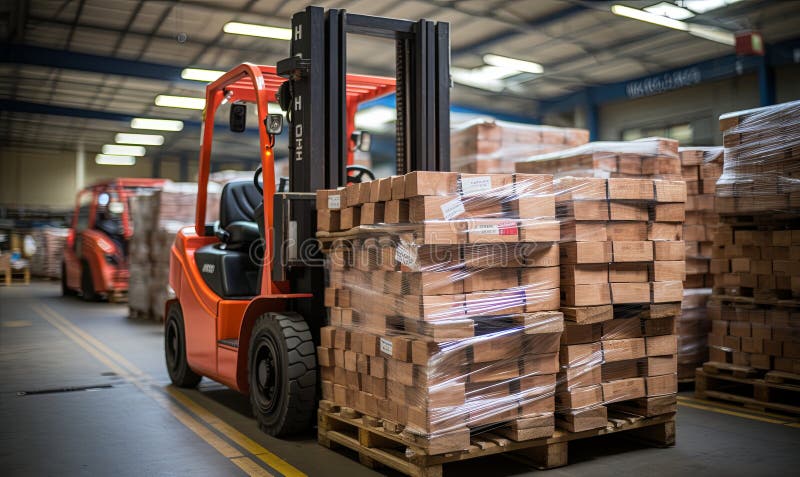 Forklift Transporting Pallets in Warehouse Stock Image - Image of truck ...
