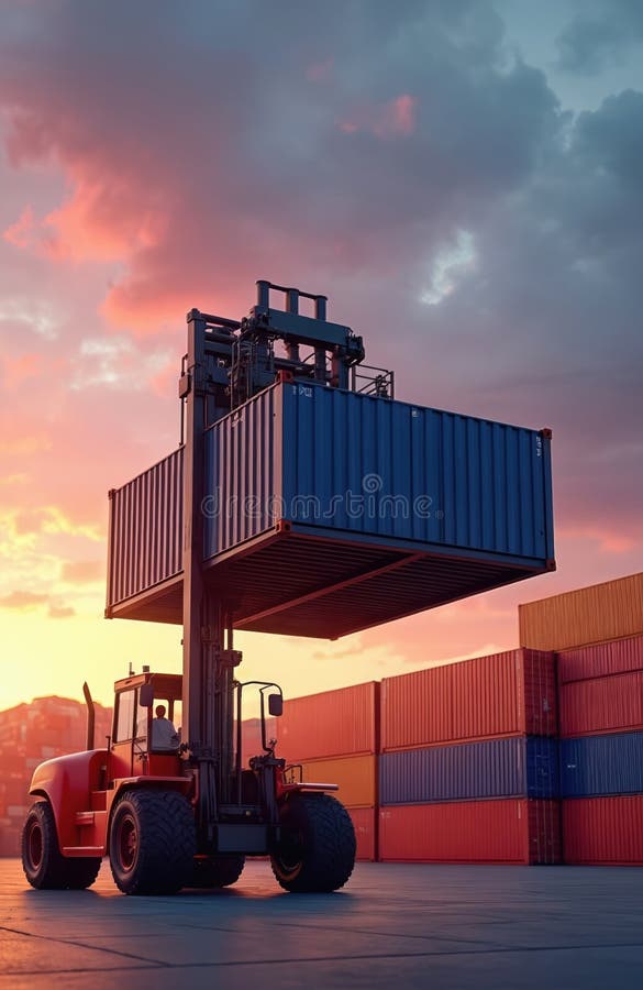 Forklift Truck Lifting Cargo Container. Shipping Yard Dock Yard with ...