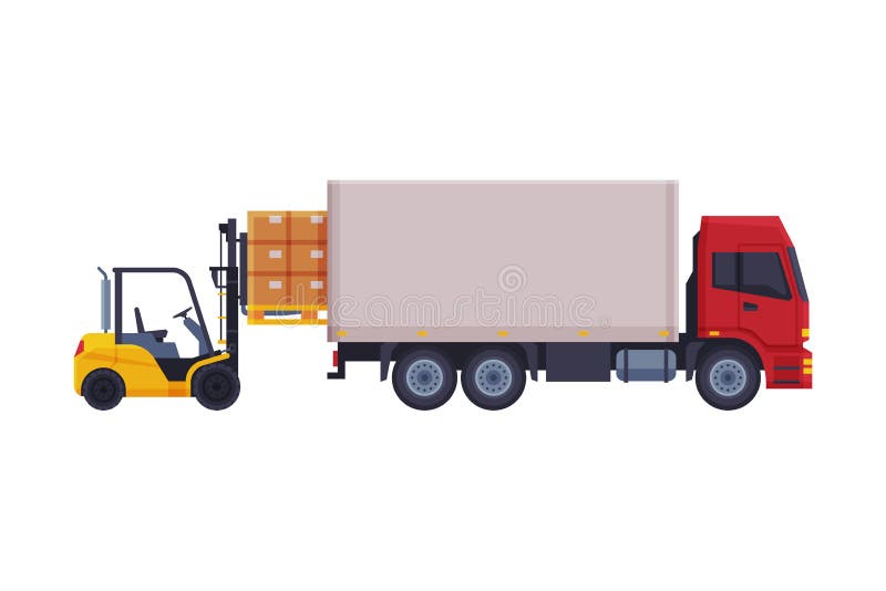 Forklift Truck Loading Cardboard Boxes in Delivery Truck Vector ...