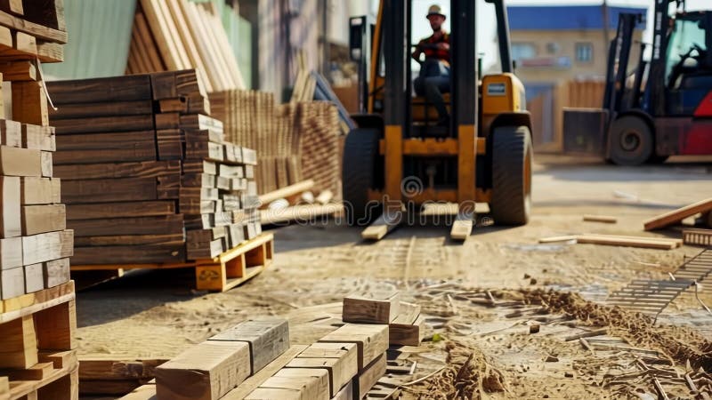 A Forklift Unloading Pallets of Bricks Onto a Bustling Construction ...
