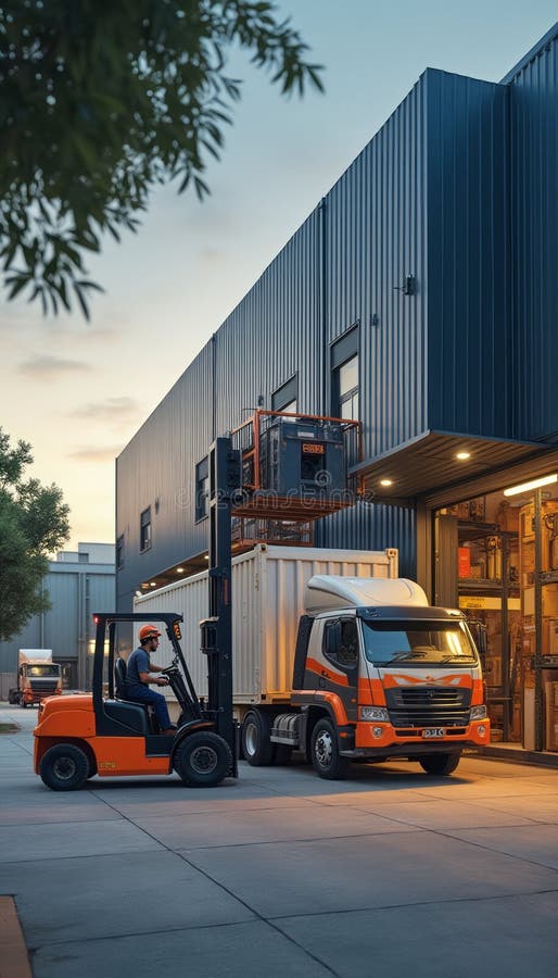 Forklift Unloading Truck at Warehouse Stock Image - Image of generated ...