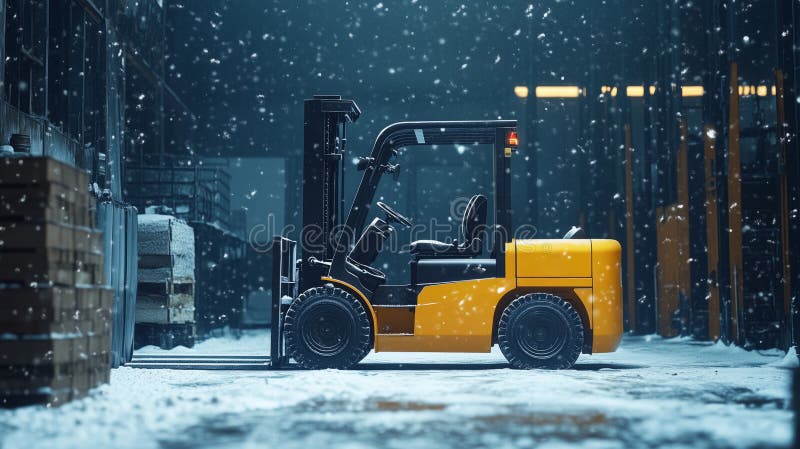Forklift in a Warehouse for Cargo Distribution, in Winter with Snow ...
