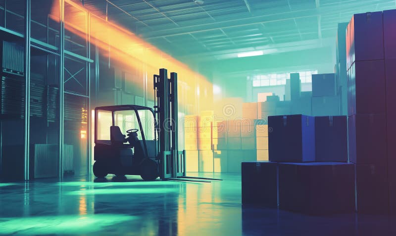 Forklift in Warehouse with Colorful Lighting and Stacked Boxes ...