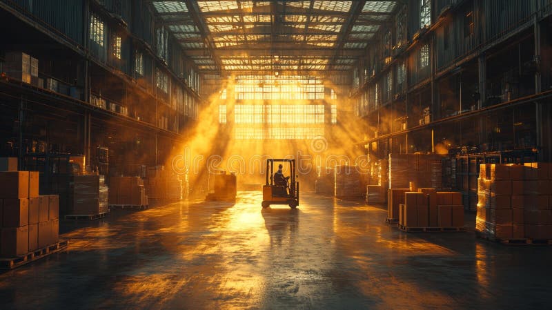 Forklift in Warehouse with Golden Sunlight Rays Generative AI Stock ...