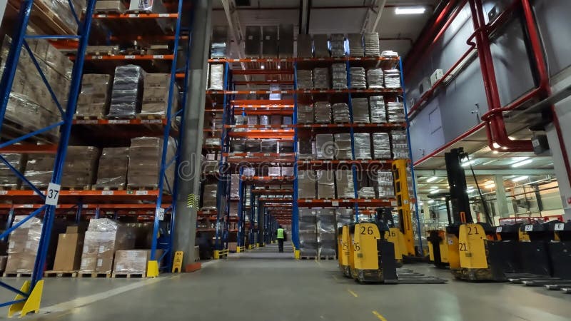 Forklift Work in a Warehouse. Modern Forklift Works in a Warehouse. Two ...