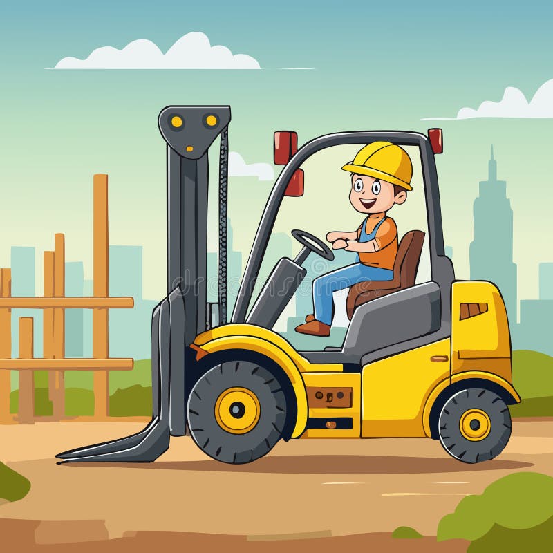 Forklift with Worker in Construction Site Cartoon Vector Illustration ...