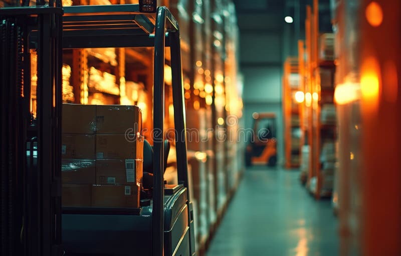 Forklifts Drive through a Warehouse Filled with Boxes Stock Photo ...