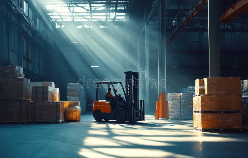 Forklifts Drive through a Warehouse Filled with Boxes Stock Photo ...