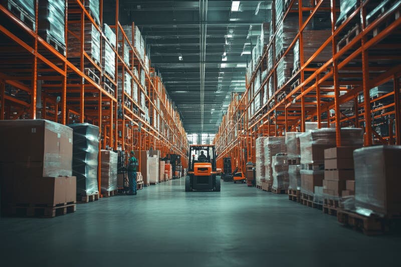Forklifts Drive through a Warehouse Filled with Boxes Stock Photo ...