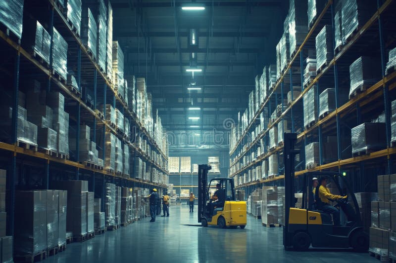 Forklifts Drive through a Warehouse Filled with Boxes Stock Image ...