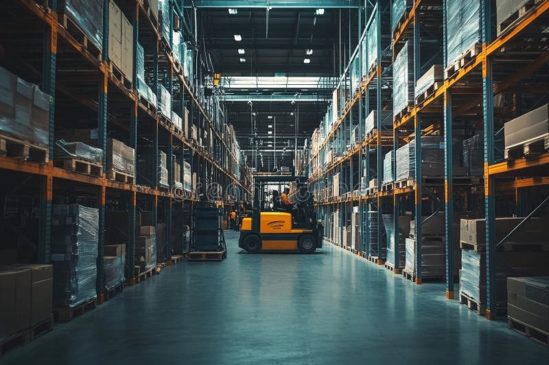 Forklifts Drive through a Warehouse Filled with Boxes Stock Photo ...