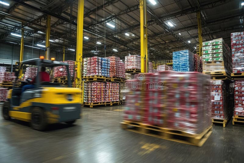 Forklifts Drive through a Warehouse Filled with Boxes Stock Photo ...