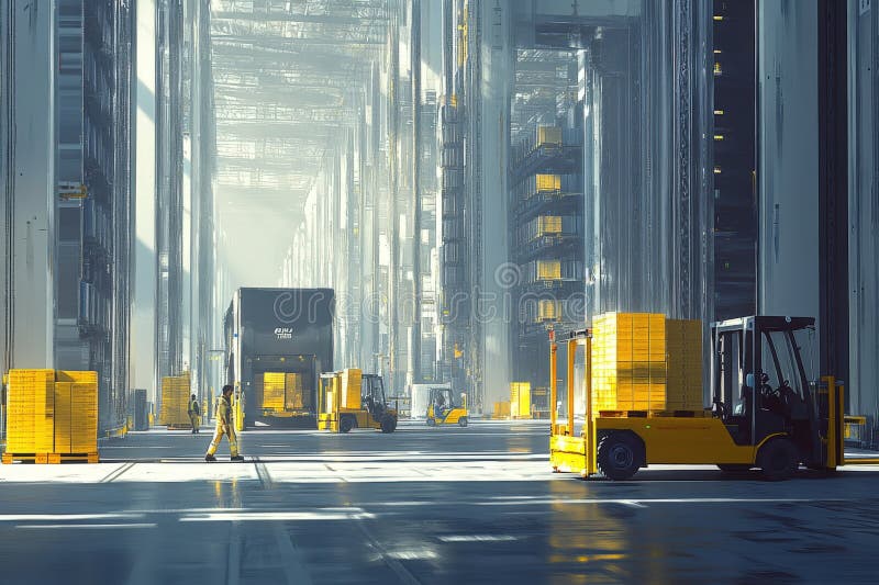 Forklifts Drive through a Warehouse Filled with Boxes Stock Photo ...