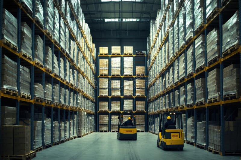 Forklifts Drive through a Warehouse Filled with Boxes Stock Image ...