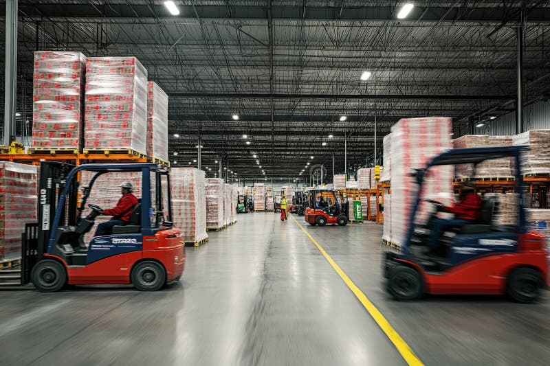 Forklifts Drive through a Warehouse Filled with Boxes Stock Image ...