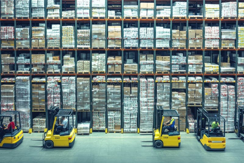 Forklifts Drive through a Warehouse Filled with Boxes Stock Photo ...
