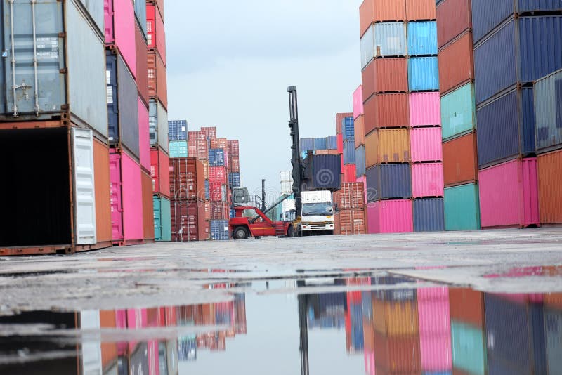 Stacks of Cargo Containers, Import Export Ships in Port Harbour ...