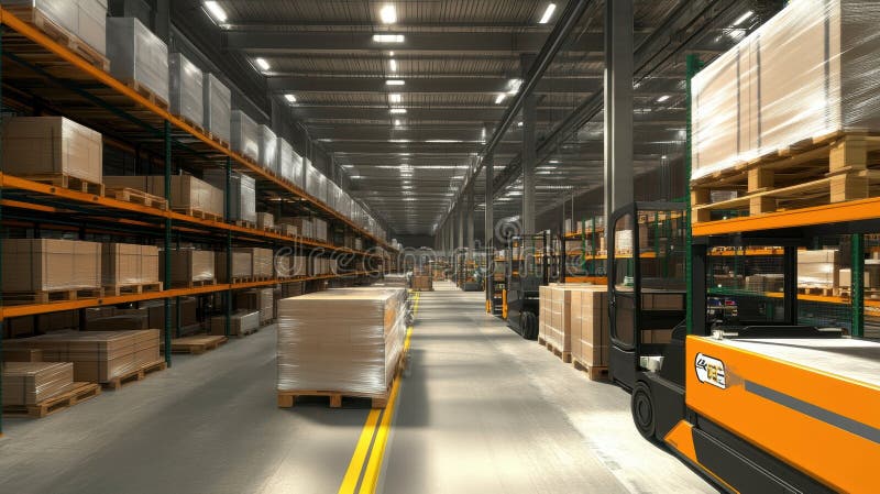 Forklifts Handling Pallets in Modern Warehouse Logistics Operation ...